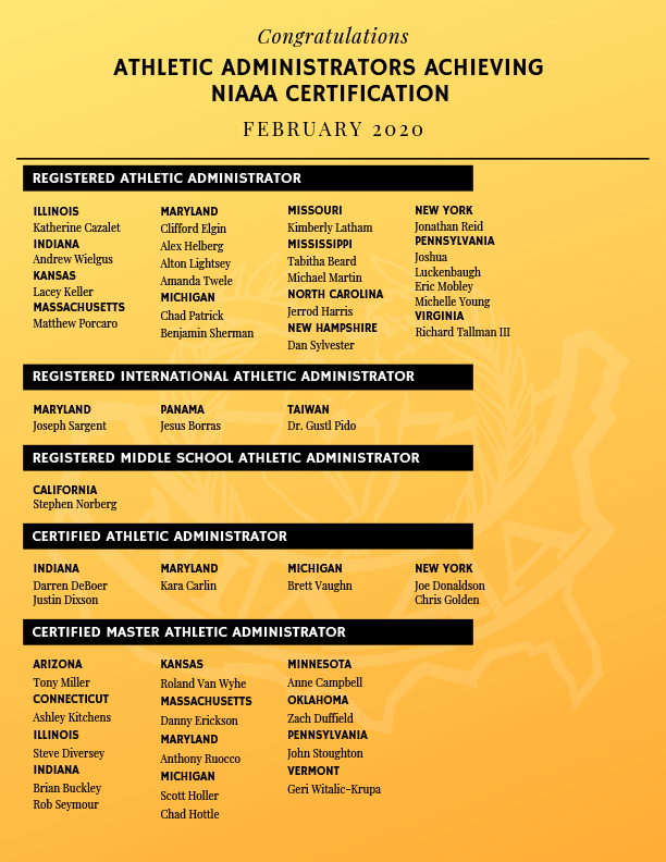 Athletic Administrators Achieving NIAAA Certification – February 2020 ...